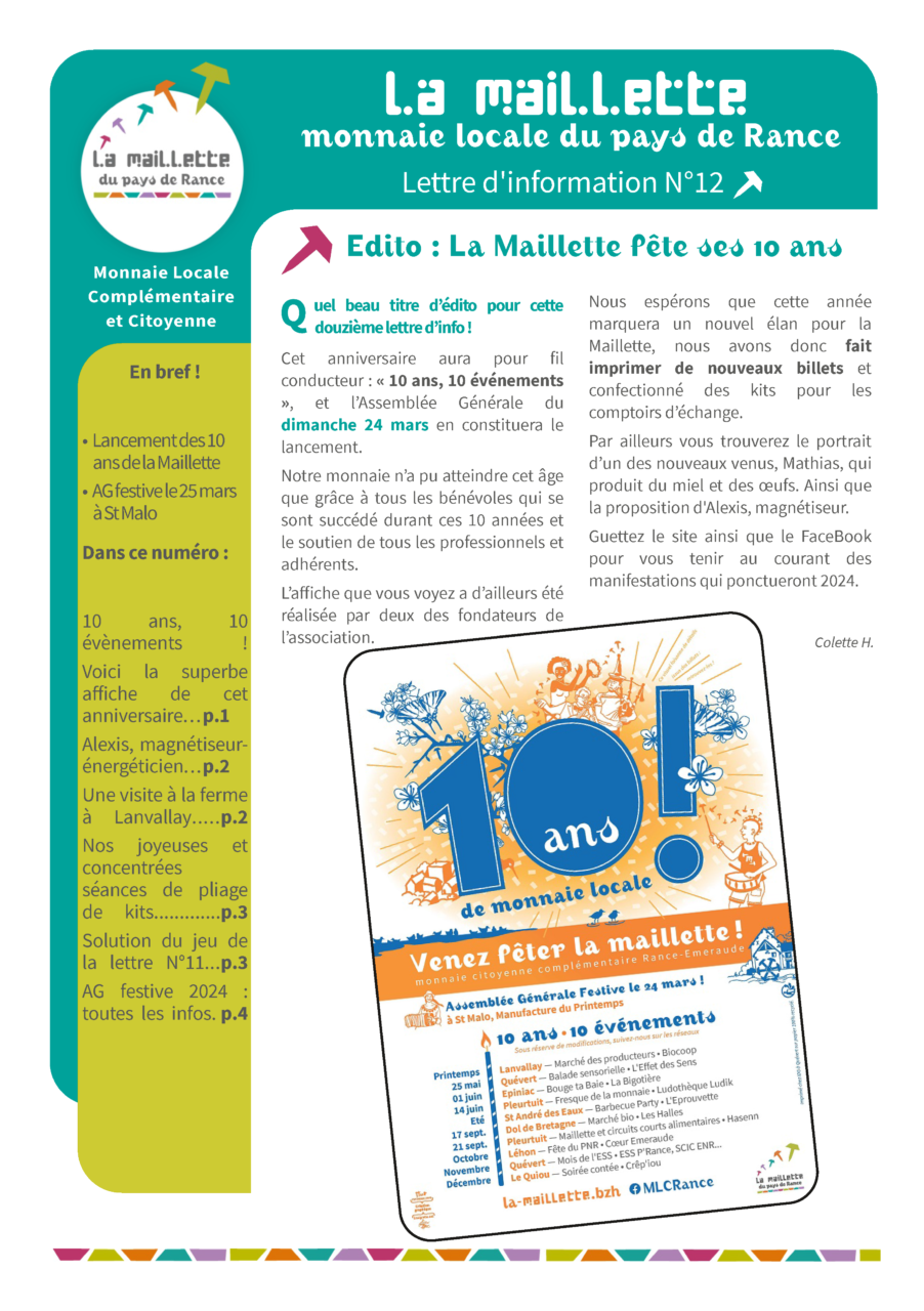 Lettre d'information n°12 - La Maillette du pays de Rance
